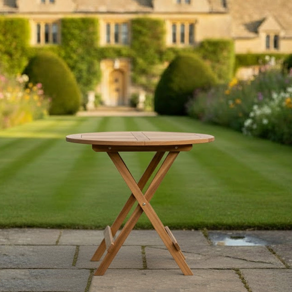 Round Teak Folding Outdoor Coffee Side Table | UK – MemorialBenchesUK